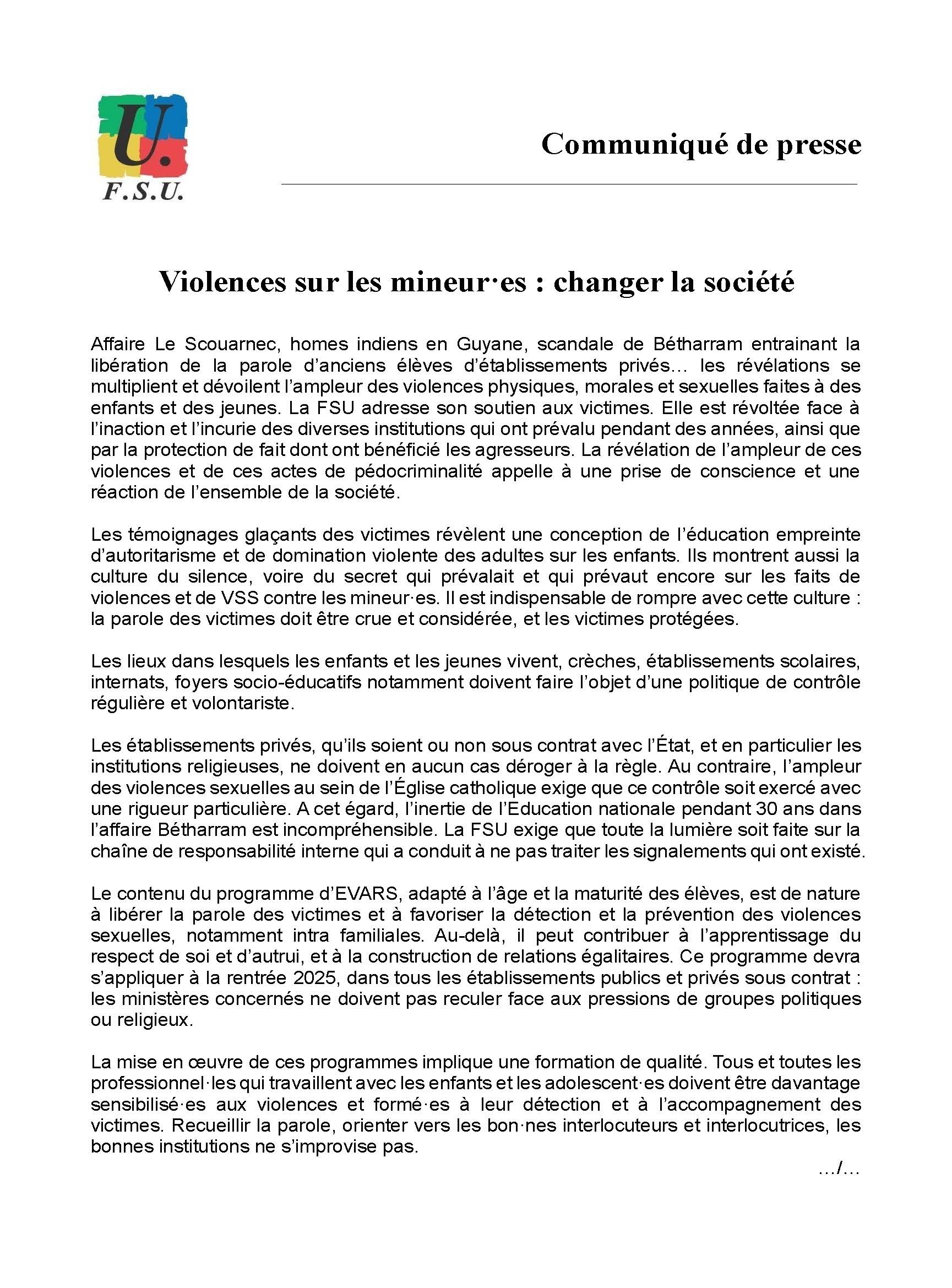 Communiqué de presse : Violences sur les mineur·es : changer la société - LA FSU TERRITORIALE 87